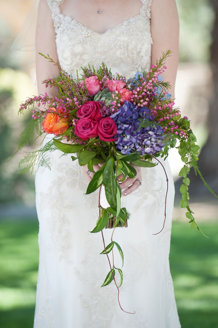 Colorful Cascading Bouquet of Roses and Wax Flowers